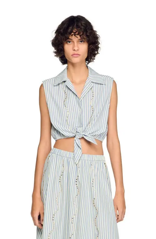 Sandro Striped Rhinestone Shirt - Blue