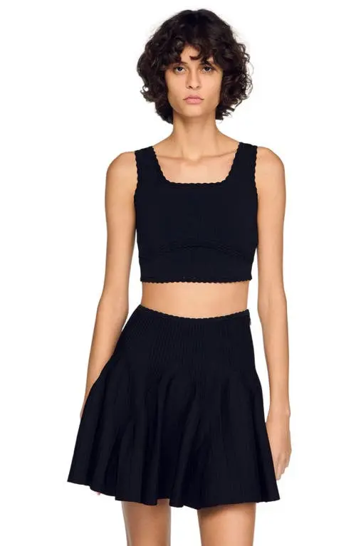 Sandro Cropped Decorative Knit Sweater - Black