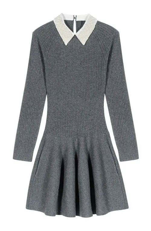 Maje Beaded-collar Knit Dress - Grey