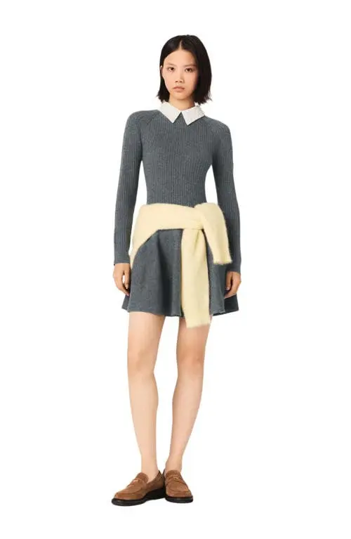 Maje Beaded-collar Knit Dress - Grey