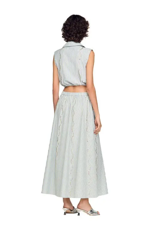 Sandro Rhinestone Striped Flared Long Skirt - Blue
