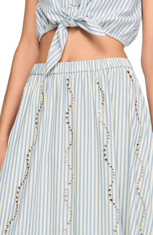 Sandro Rhinestone Striped Flared Long Skirt - Blue