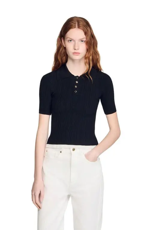 Sandro Decorative Knit Polo Shirt - Black