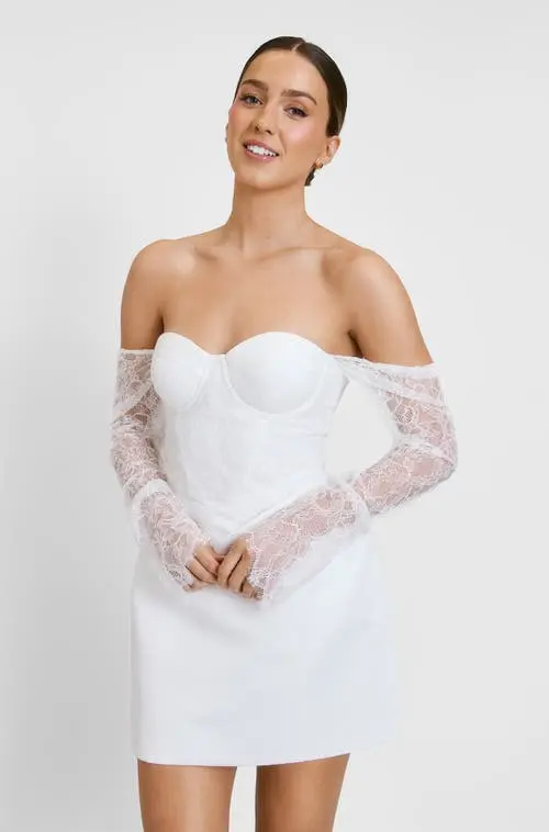 SIX STORIES Lace Bardot Mini Dress - White