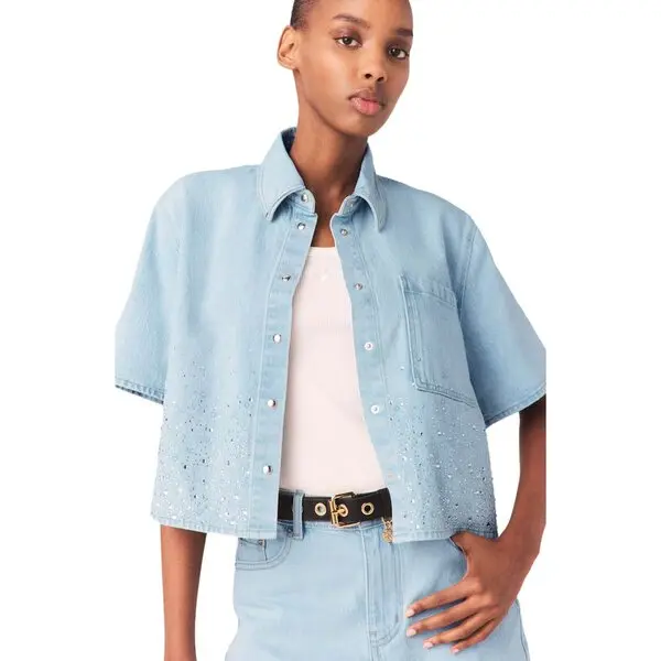 Maje Cropped Rhinestone Denim Shirt - Blue Sky