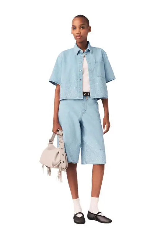 Maje Cropped Rhinestone Denim Shirt - Blue Sky