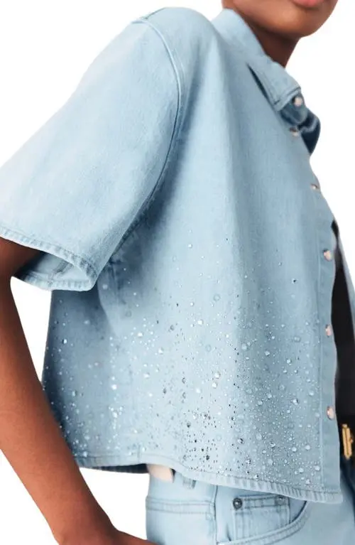 Maje Cropped Rhinestone Denim Shirt - Blue Sky