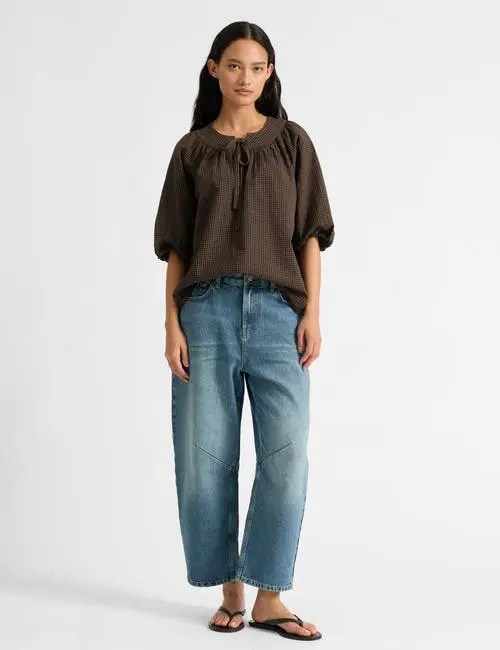 ALBARAY Gingham Blouson Sleeve Top