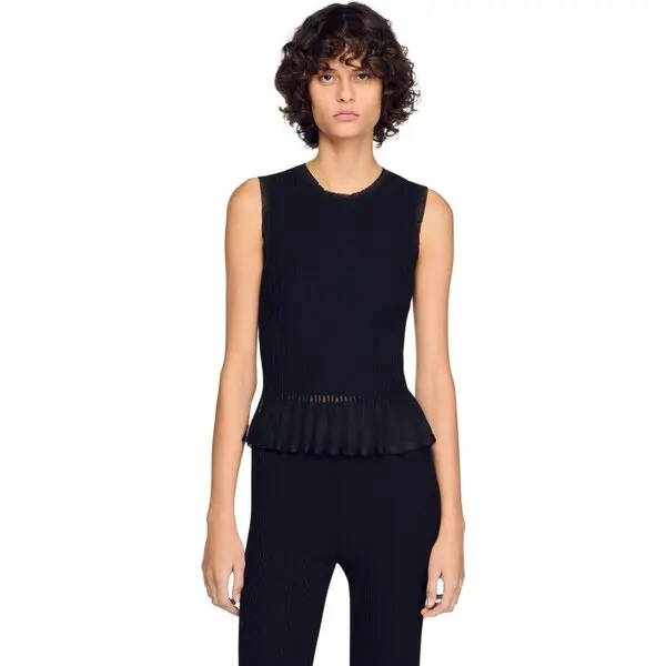 Sandro Fitted Ottoman Knit Top With Ruffles