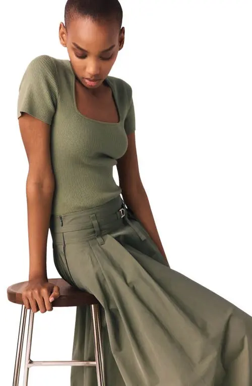 Maje Square Neck Ribbed Knit Top - Khaki