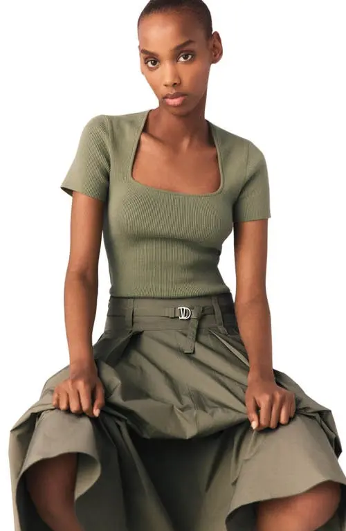 Maje Square Neck Ribbed Knit Top - Khaki