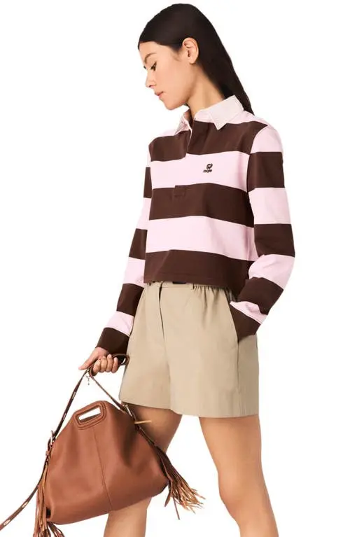 Maje Striped Cropped Polo Sweatshirt - Brown/pink