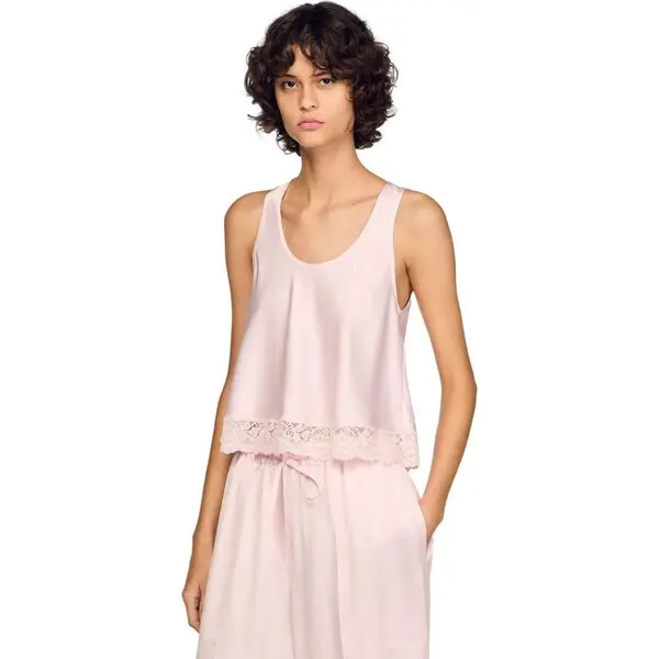 Sandro Satin Top With Lace Trim - Light Pink