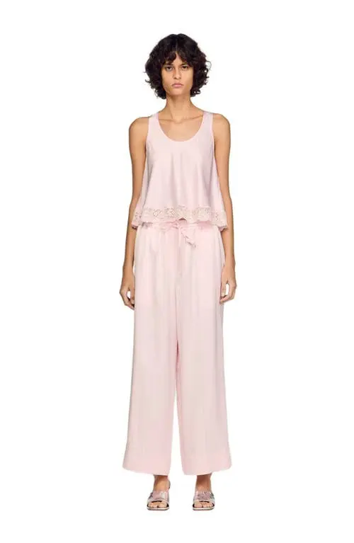 Sandro Satin Top With Lace Trim