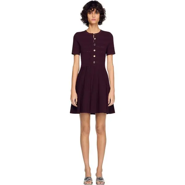 Sandro Pointelle Knit Short Dress With Button Detail - Brown