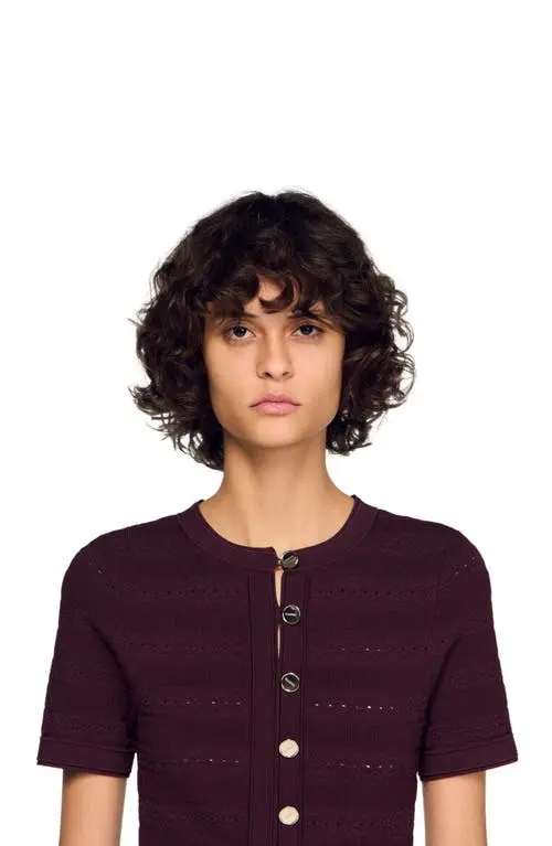 Sandro Pointelle Knit Short Dress With Button Detail - Brown