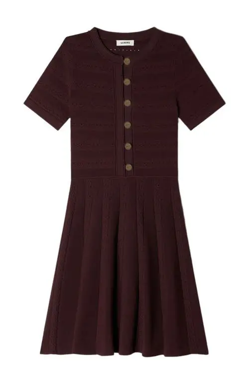 Sandro Pointelle Knit Short Dress With Button Detail - Brown
