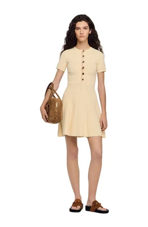 Sandro Pointelle Knit Short Dress - Vanilla