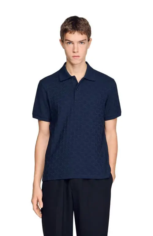 Sandro Square Cross Jacquard Polo Shirt - Midnight Blue