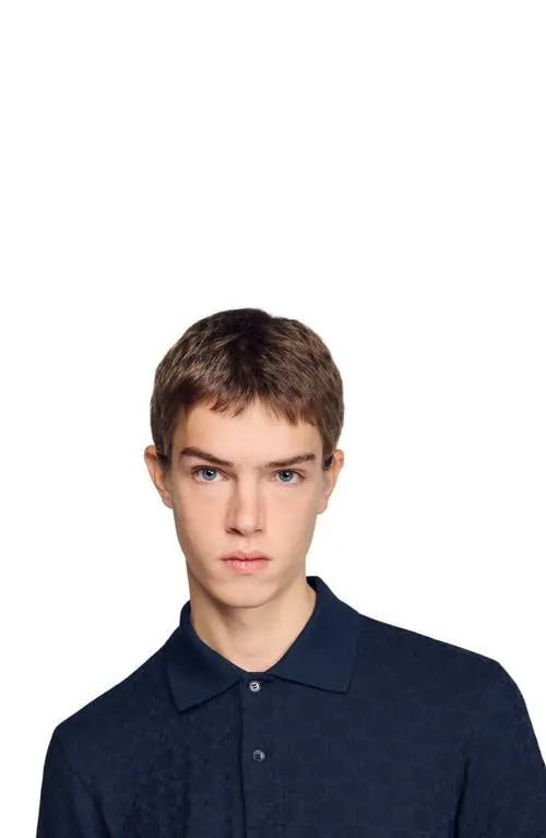 Sandro Square Cross Jacquard Polo Shirt - Midnight Blue