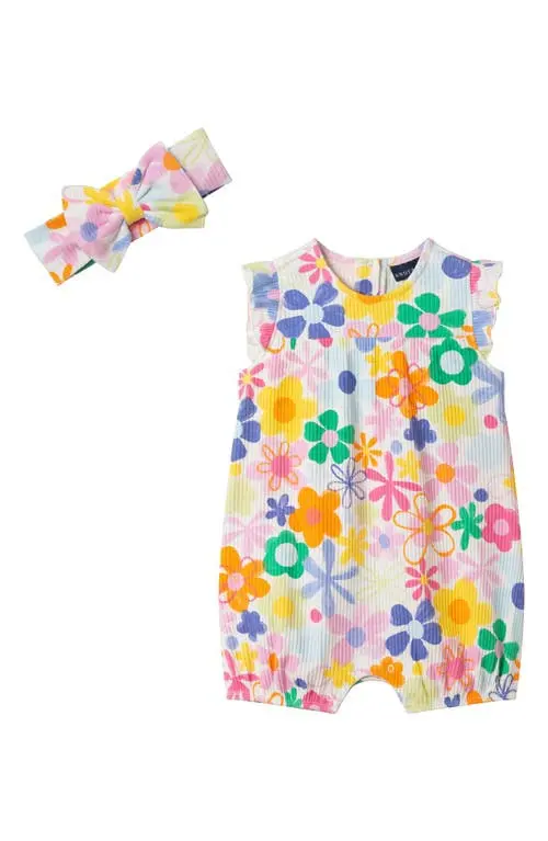 Andy & Evan Floral Rib Stretch Cotton Bubble Romper & Bow Head Wrap Set - White Multi