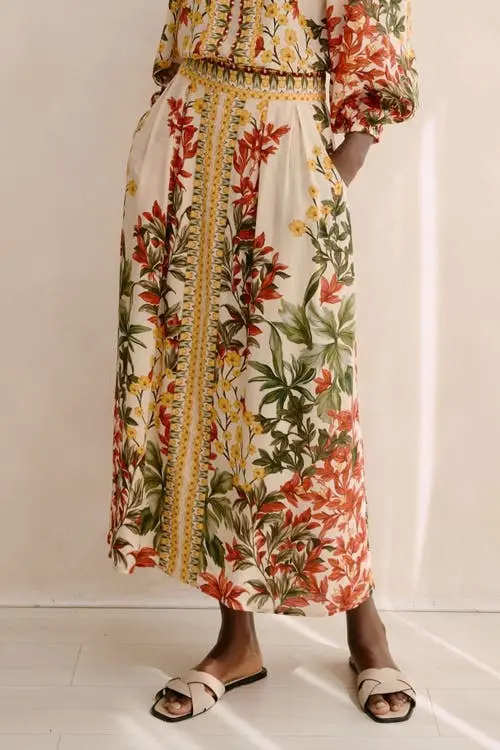 RAISHMA Printed Crepe Midi Skirt - Beige