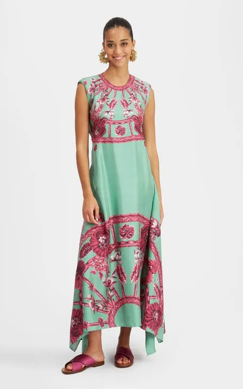 La DoubleJ San Carlo Zodiac Print Silk Maxi Dress - Zodiac Placée Acquamarine