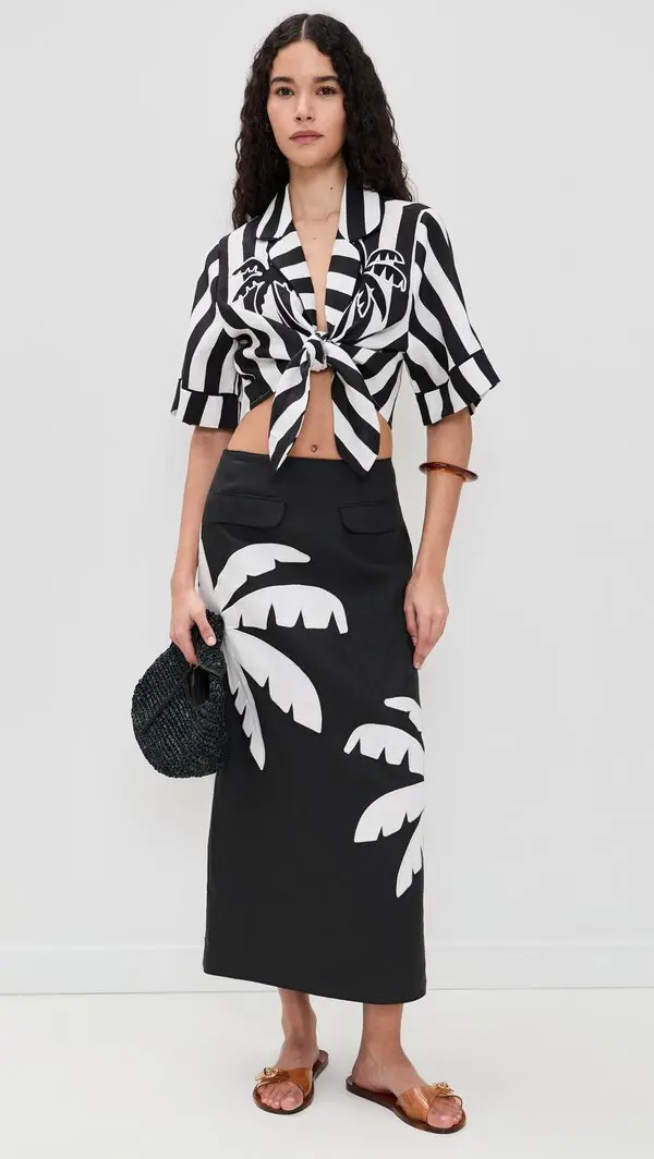 Farm Rio Embroidered Palm Tree Maxi Skirt