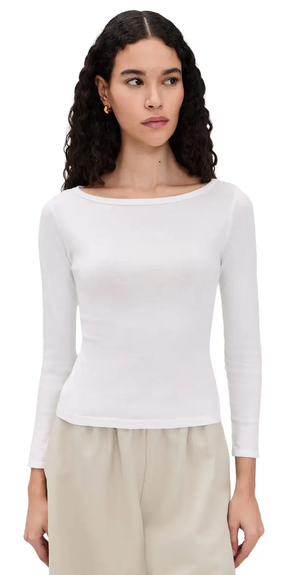 Enza Costa Fine Cotton Long Sleeve Boatneck Top - White