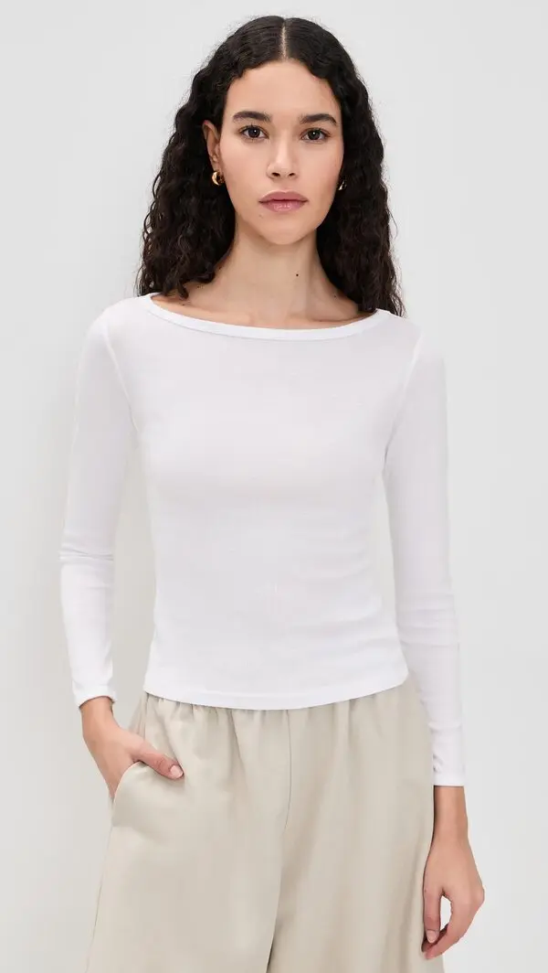 Enza Costa Fine Cotton Long Sleeve Boatneck Top - White