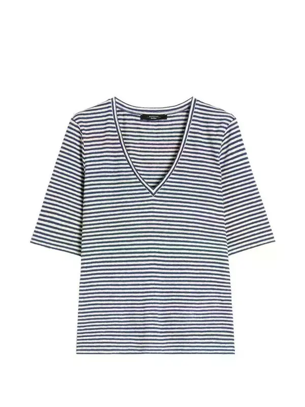 Max Mara Striped V-neck Linen T-shirt - Blue