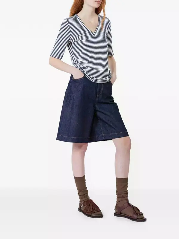 Max Mara Striped V-neck Linen T-shirt - Blue