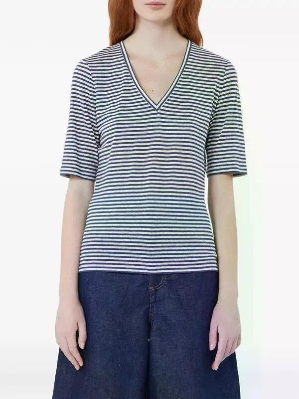 Max Mara Striped V-neck Linen T-shirt - Blue
