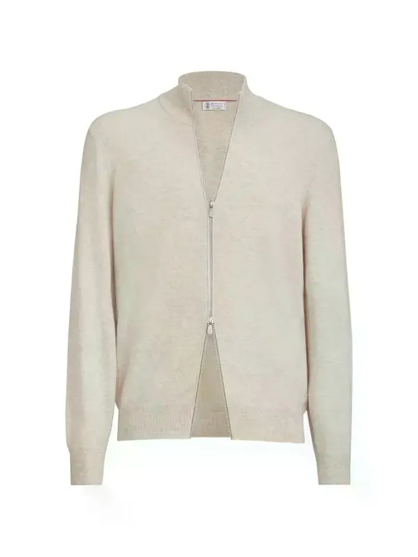 Brunello Cucinelli Cashmere Zip-up Cardigan With High Rib-knit Collar - Neutrals