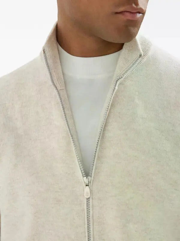 Brunello Cucinelli Cashmere Zip-up Cardigan With High Rib-knit Collar - Neutrals