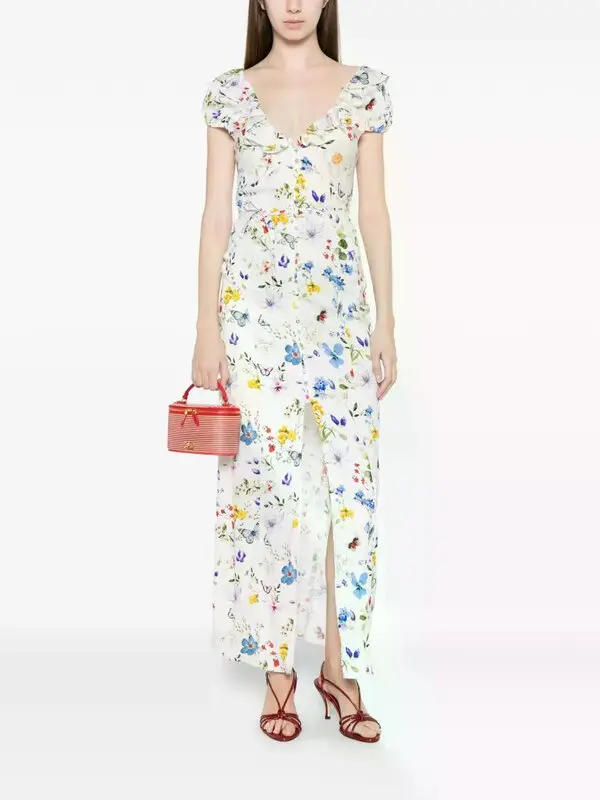 Alice + Olivia Tara Ruffled Floral Slip Midi Dress - White