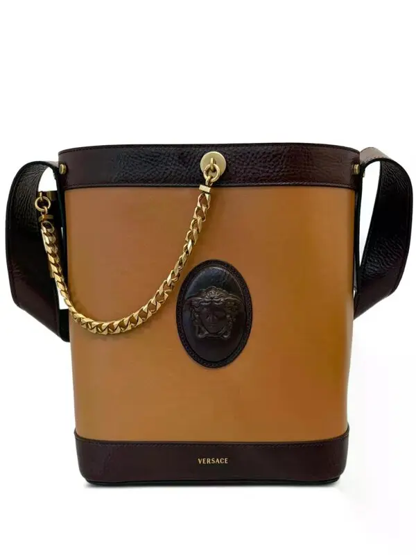 Versace Pivot Small Leather Bucket Bag With Medusa Cameo - Neutrals