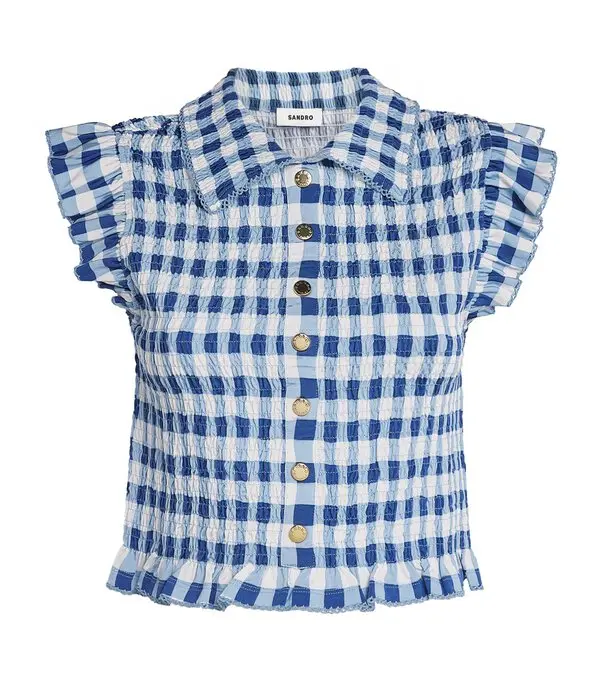 Sandro Gingham Smocked Top - Blue