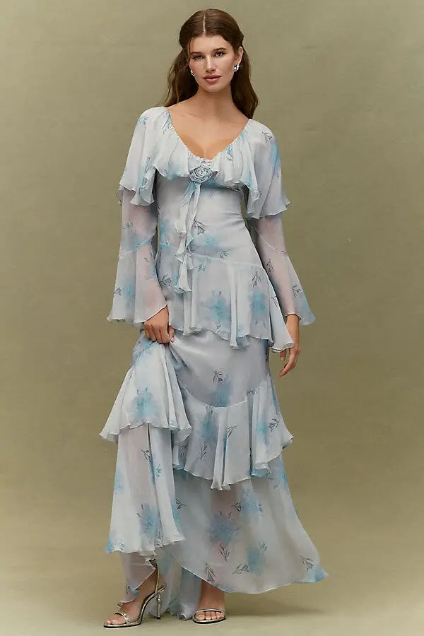 Bhldn Ruffled Long-sleeve Gown - Blue Dazed Floating Floral