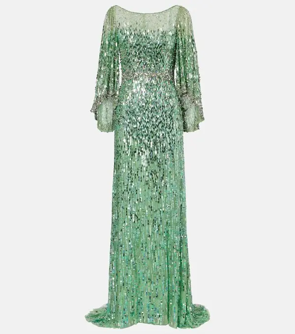 Jenny Packham Ines Embellished Sequined Gown - Green