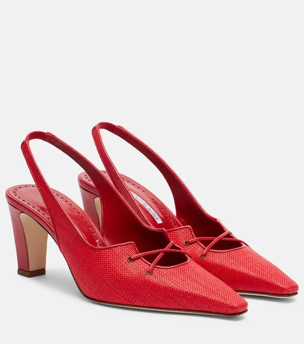 Manolo Blahnik Montbalo Raffia Slingback Pumps - Red