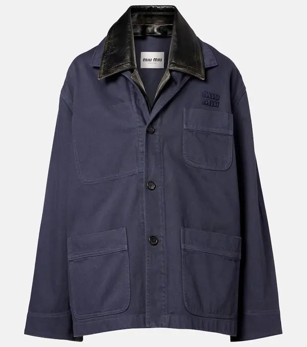Miu Miu Leather-trimmed Cotton Gabardine Jacket - Blue