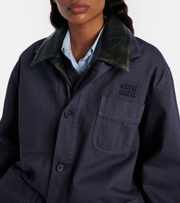 Miu Miu Leather-trimmed Cotton Gabardine Jacket - Blue