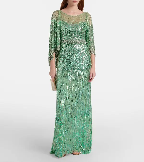 Jenny Packham Ines Embellished Sequined Gown - Green