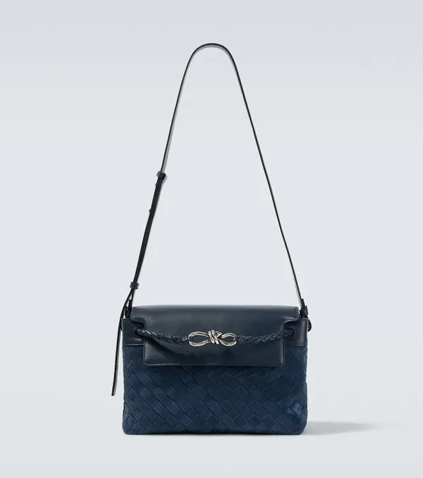Bottega Veneta Andiamo Intrecciato Small Suede Messenger Bag - Blue