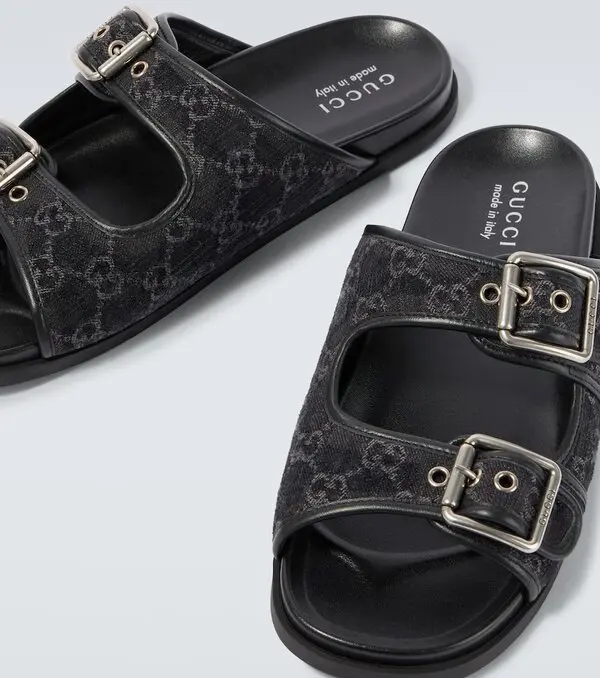 Gucci Gg Leather-trimmed Canvas Slides