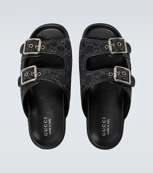 Gucci Gg Leather-trimmed Canvas Slides
