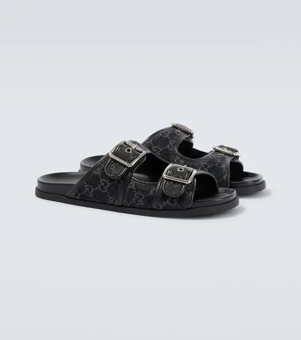 Gucci Gg Leather-trimmed Canvas Slides