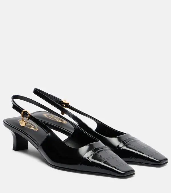 TOD'S Croc-effect Patent Leather Slingback Pumps - Black