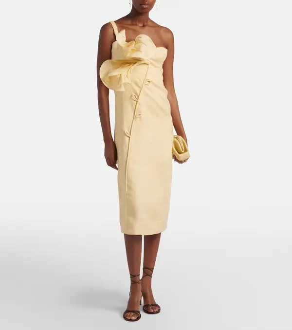 Farm Rio Floral-Appliqu One-Shoulder Linen Midi Dress - Beige |  Editorialist